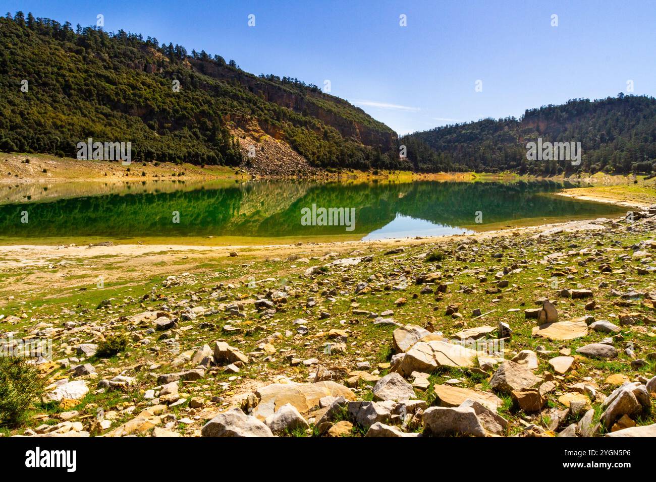 The beautiful crystal clear Aguelmame Sidi Ali Lake. Khenifra National ...