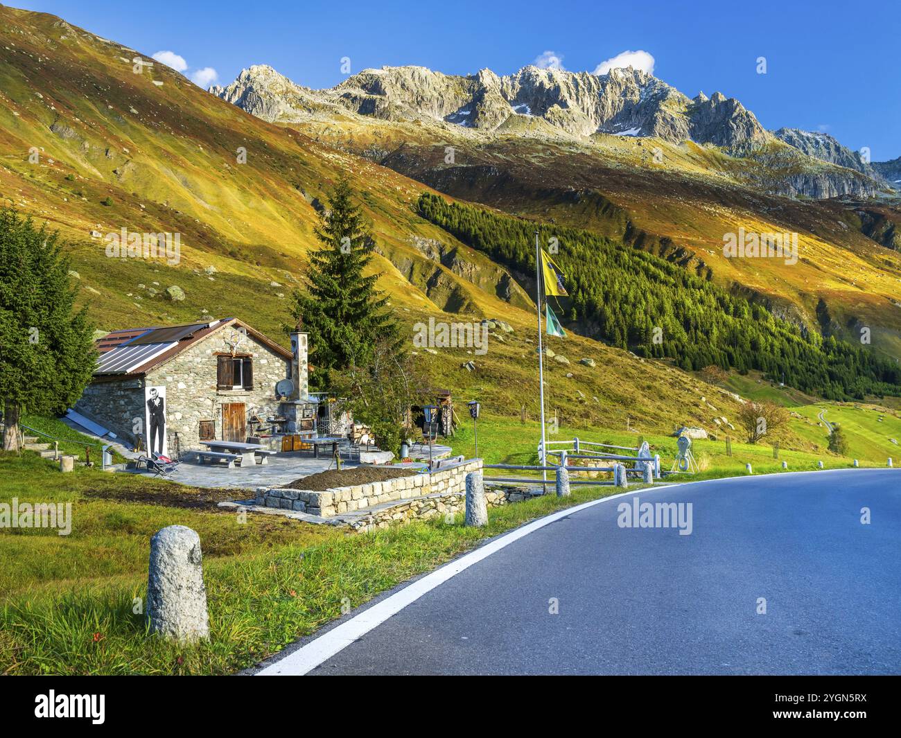 View of road James Bond Street to pass Furkapass, valley of Urserental, Kanton Uri, Swiss Alps ...