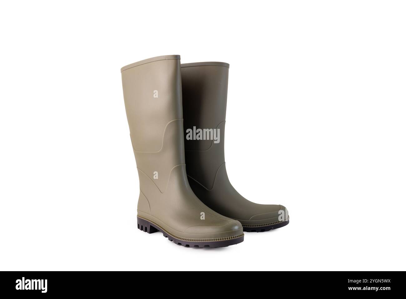 Studio product photography of olive green rubber boots pair with blank ...