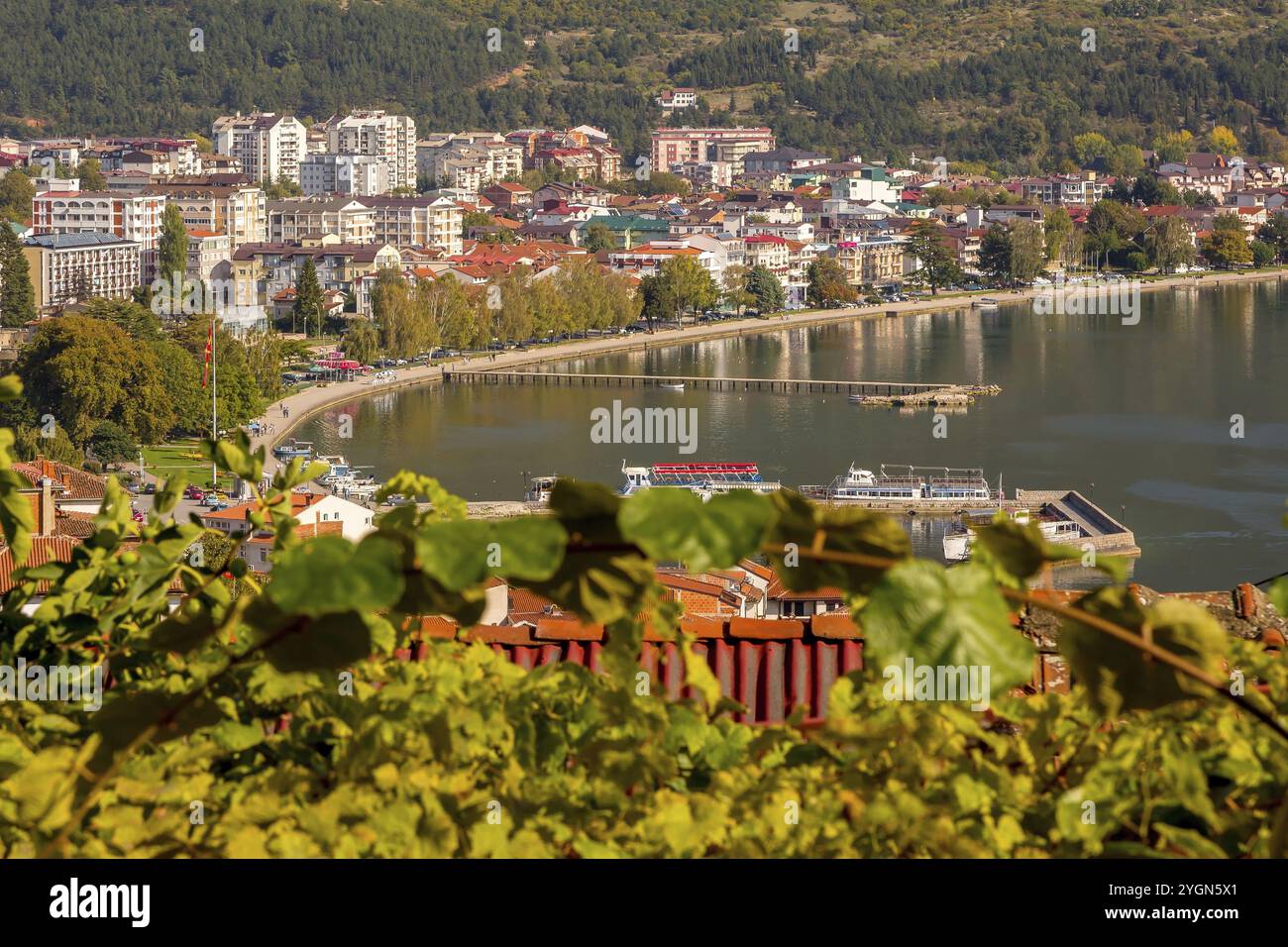 Ohrid, North Macedonia panoramic aerial view of houses, lake and ...