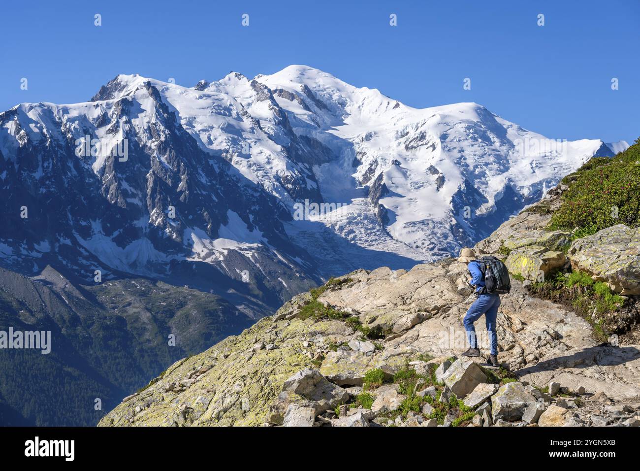 Mountaineer on a hiking trail in front of a mountain landscape, view of ...