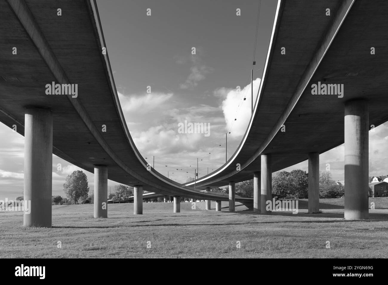 Curved ramp bridges, approach to the Rheinknie Bridge, cable-stayed ...