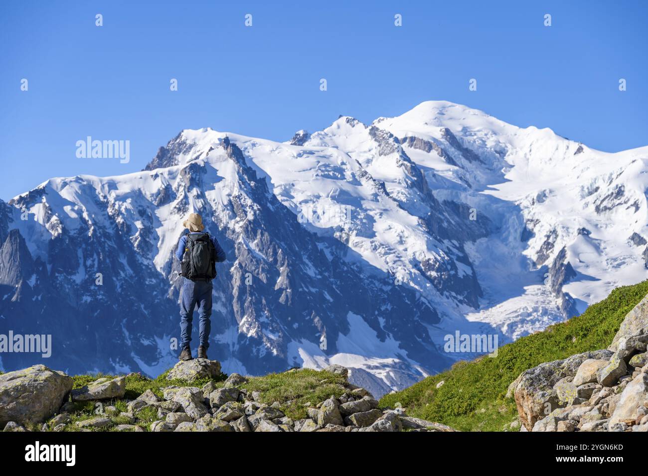 Mountaineer in front of mountain landscape, view of spectacular ...