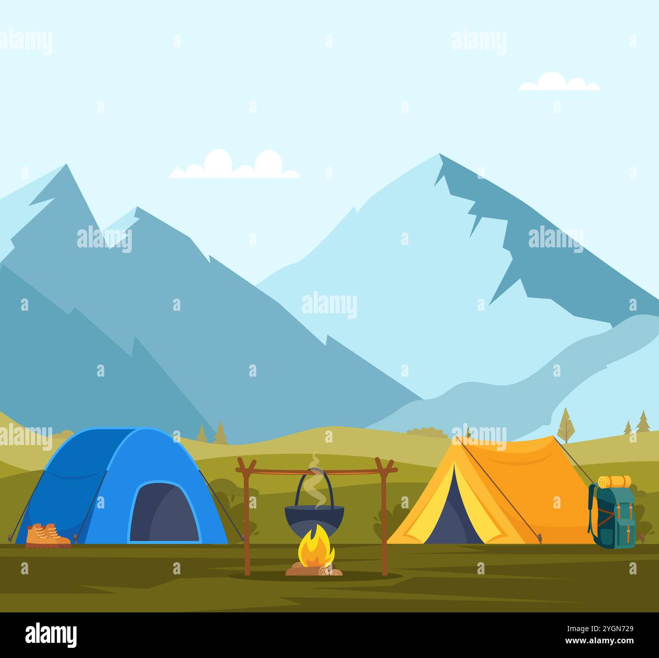 Camping. Camp tents, mountains, campfire. Banner, poster for climbing ...
