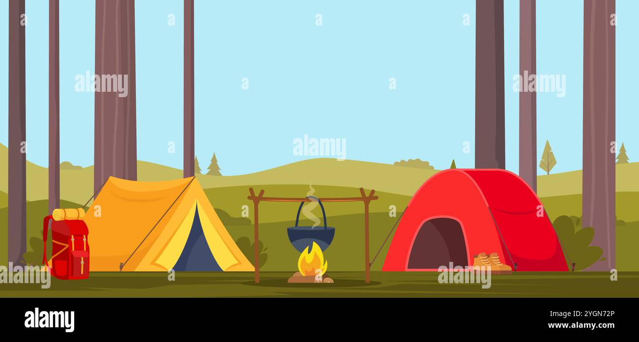 Camping. Camp tents, forest, campfire. Banner, poster for climbing ...
