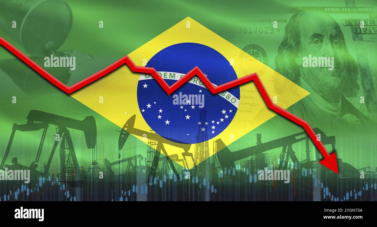 Fall oil price with flag of Brazil on economic chart. Petrol crisis ...