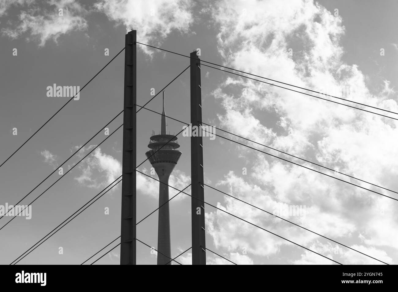Pylon of the Rheinknie Bridge, view of the Rhine Tower, Duesseldorf ...