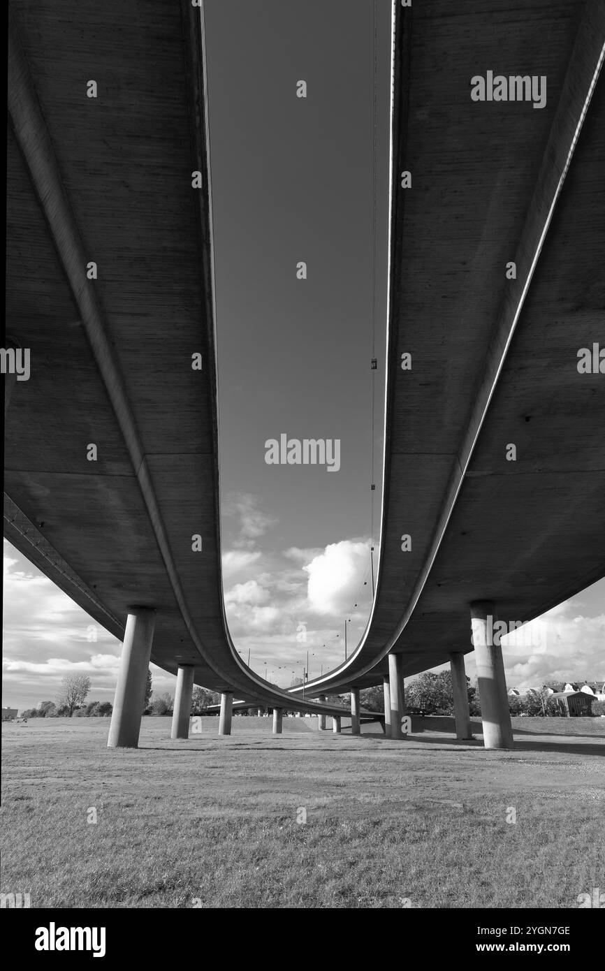 Curved ramp bridges, approach to the Rheinknie Bridge, cable-stayed ...