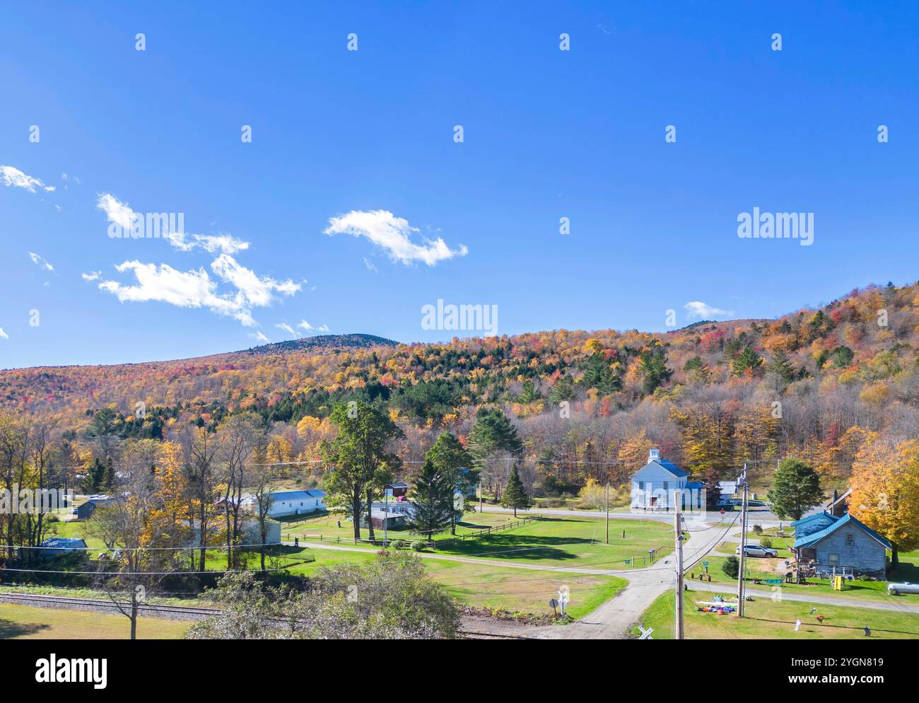 aerial view of the fall colors in the small town of braintree in ...