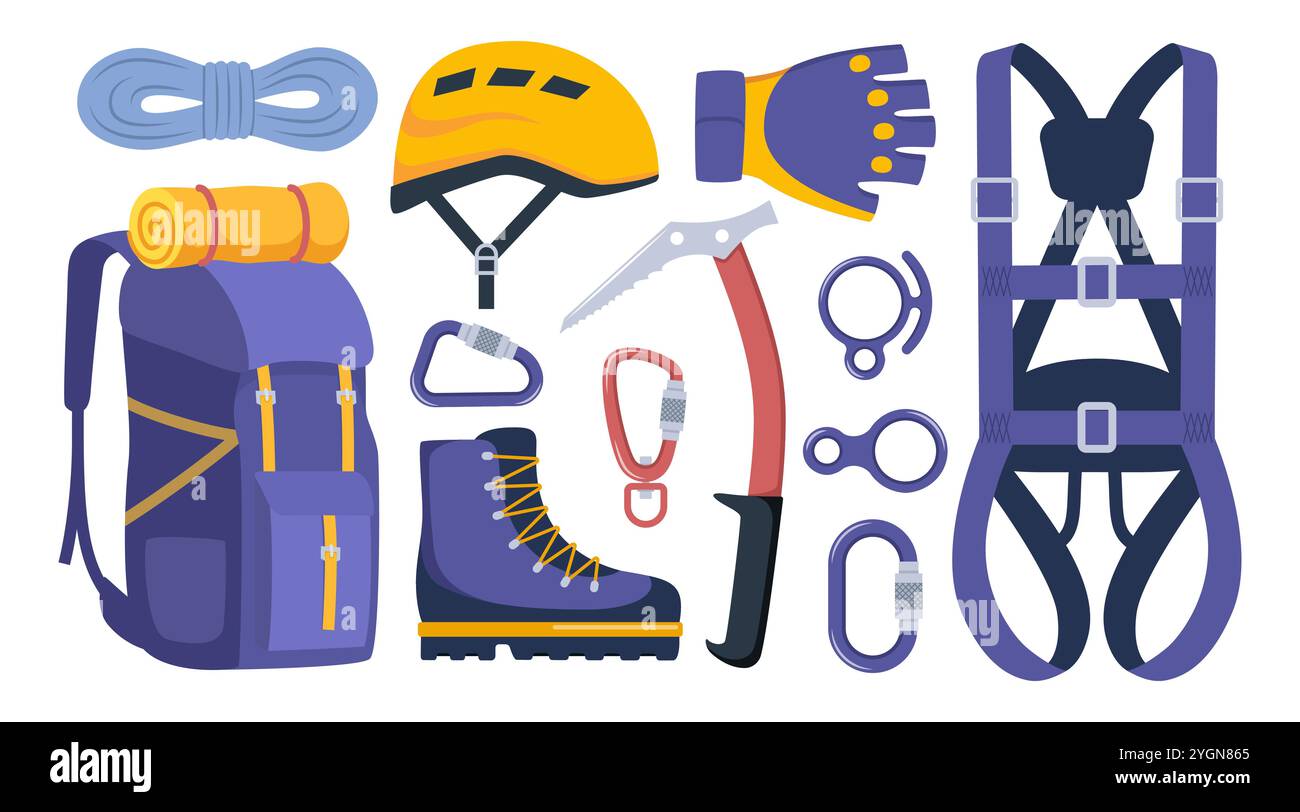 Climbing gear equipment. Mountaineering tool climber stuff elements for ...