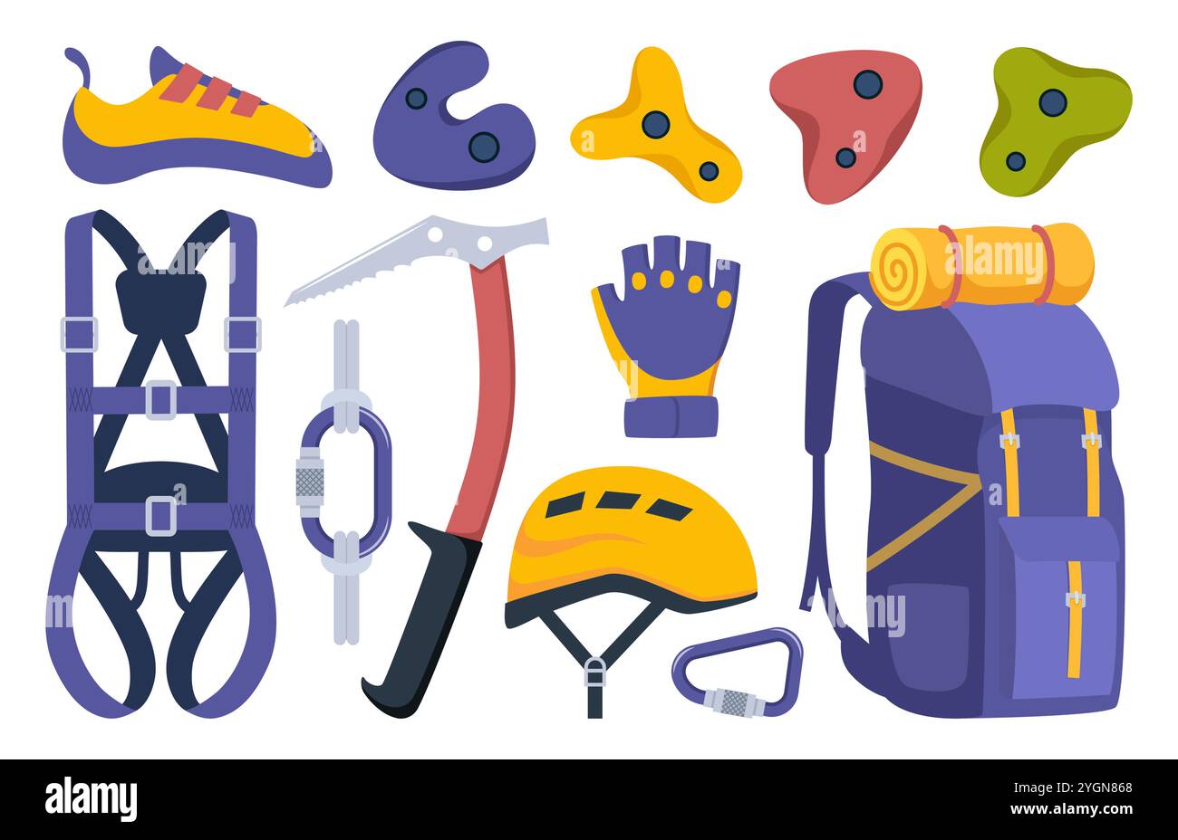 Climbing gear equipment. Mountaineering tool climber stuff elements for ...