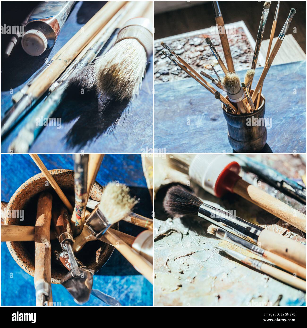 Collage of paint brushes with acrylic paint Stock Photo - Alamy