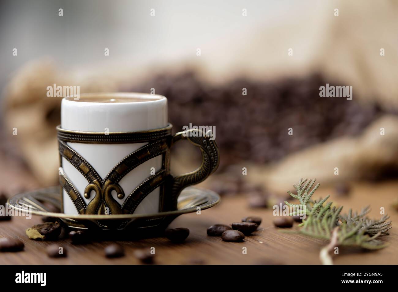 Gaziantep, Turkey. Coffey beans and traditional cups of coffee in a ...