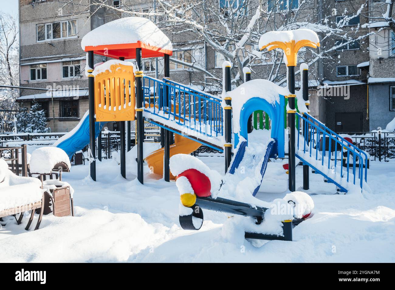 children playground in winter after in snowfall Stock Photo - Alamy