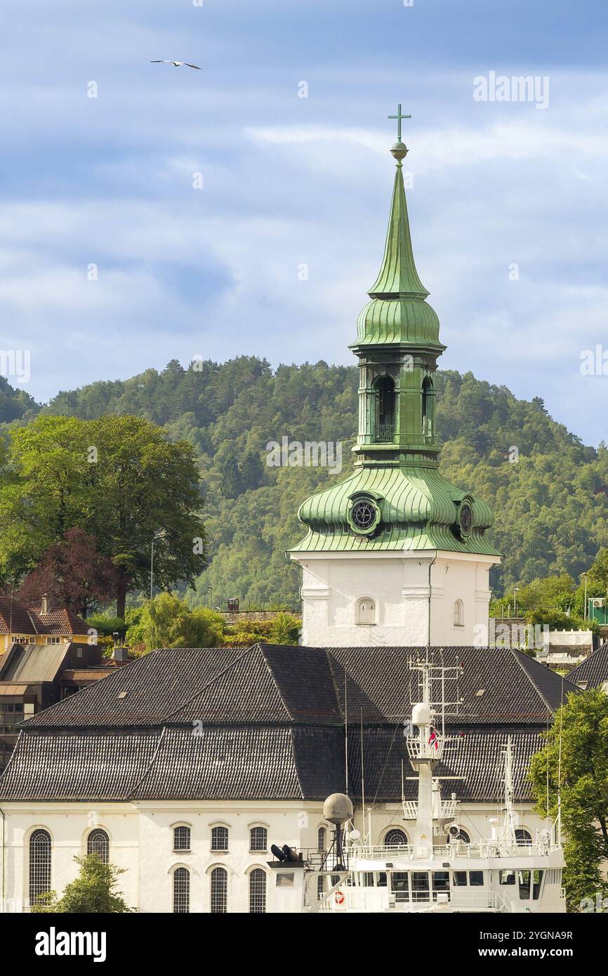 Bergen, Norway summer view with traditional houses, church tower Stock ...