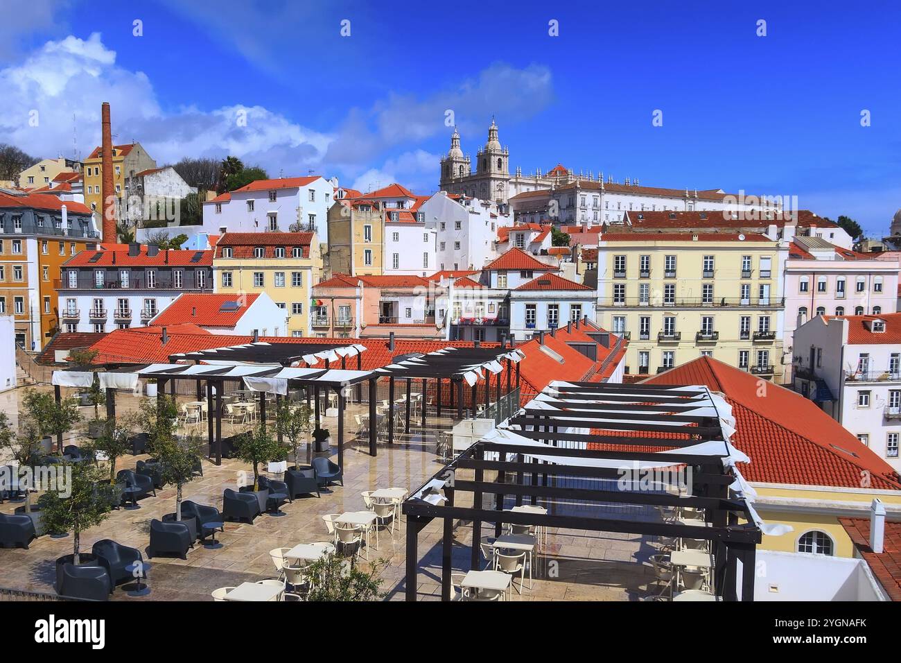 Lisbon, Portugal panoramic aerial view with colorful houses and Estrela ...