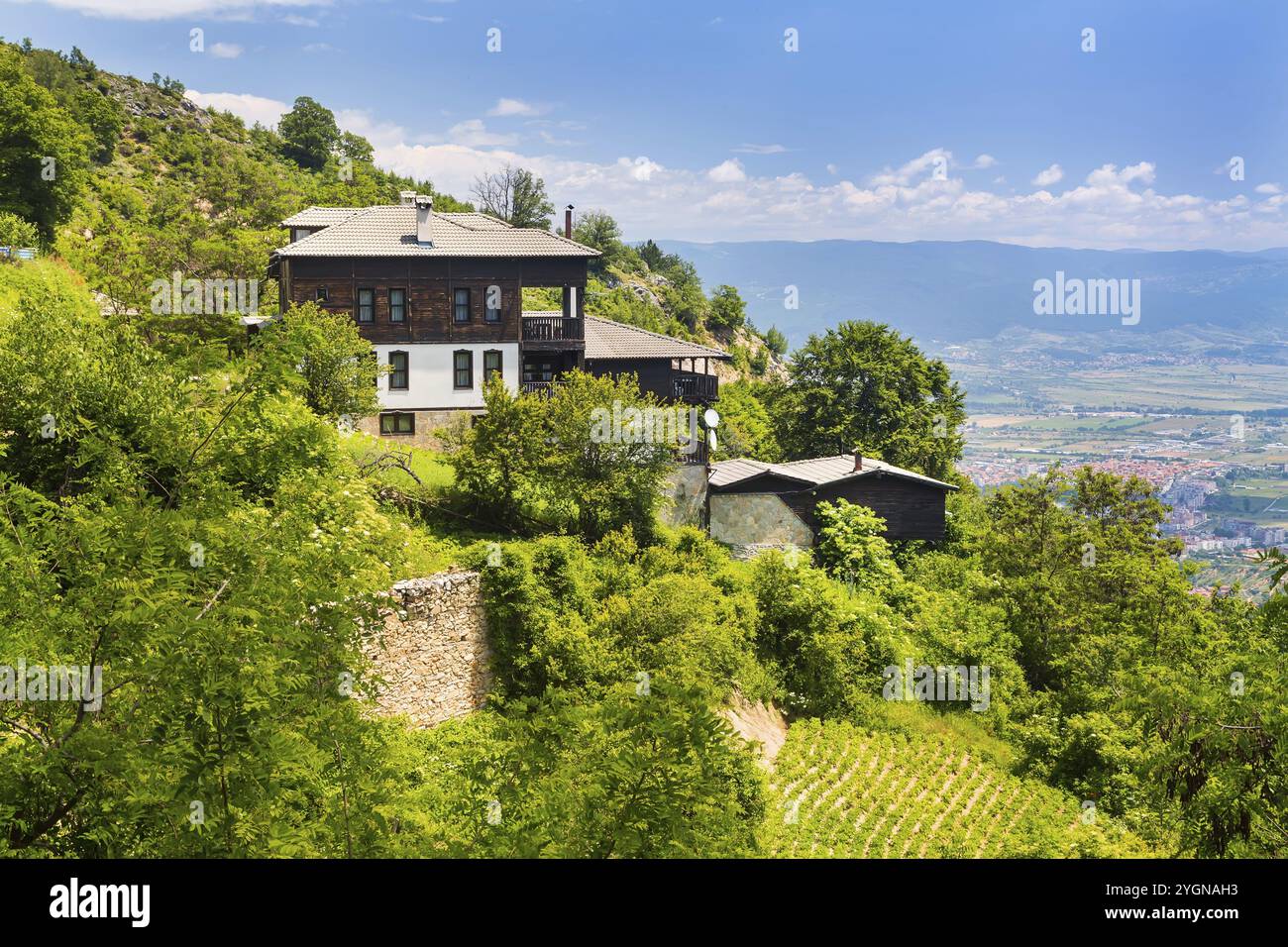 Aerial panorama of houses in high mountain village or selo Delchevo ...