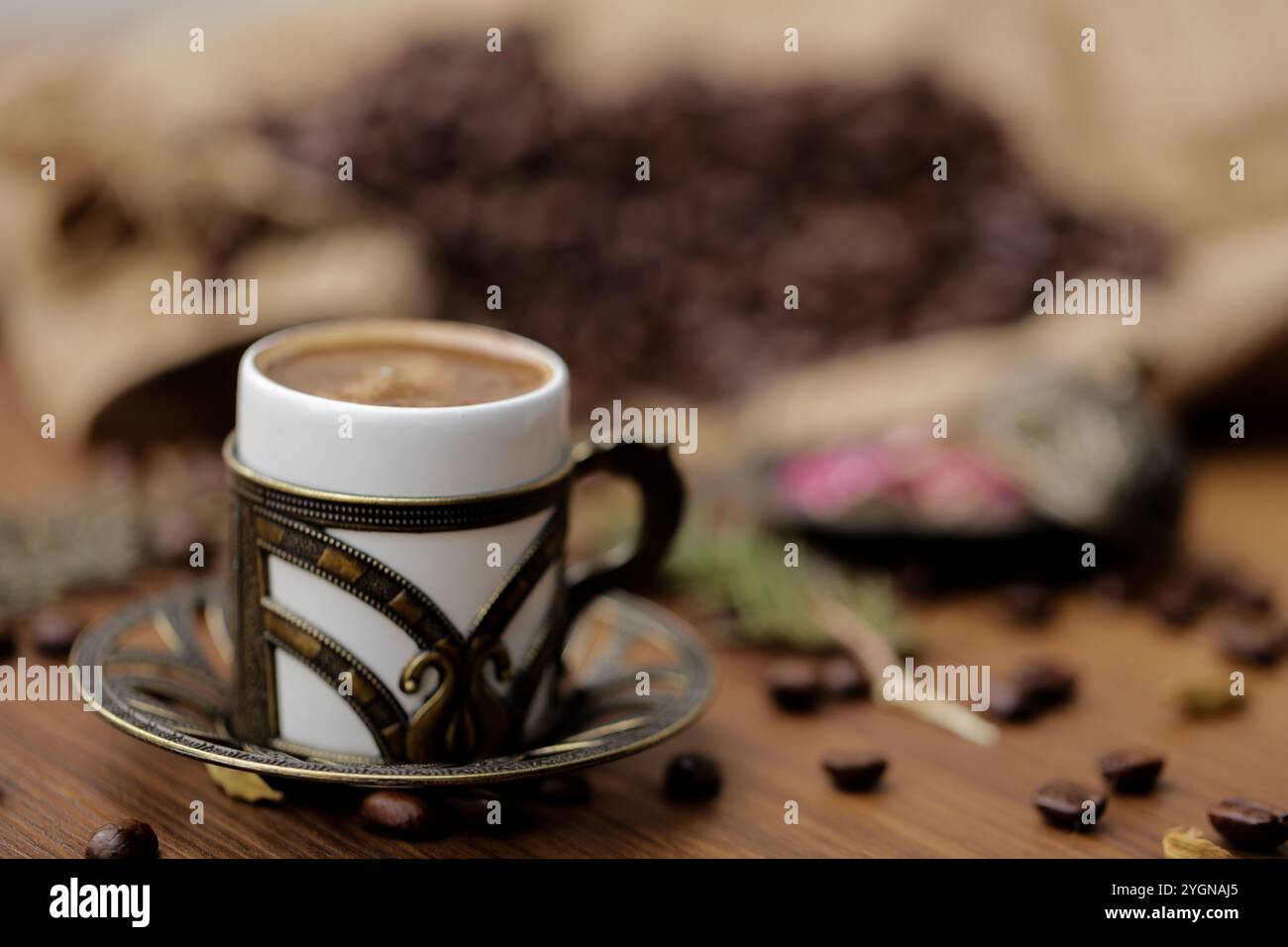 Gaziantep, Turkey. Coffey beans and traditional cups of coffee in a ...