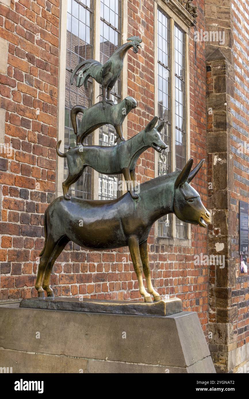 The famous bronze statue of the Bremen Town Musicians with the figures ...