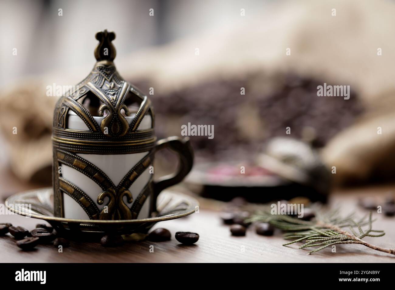 Gaziantep, Turkey. Coffey beans and traditional cups of coffee in a ...