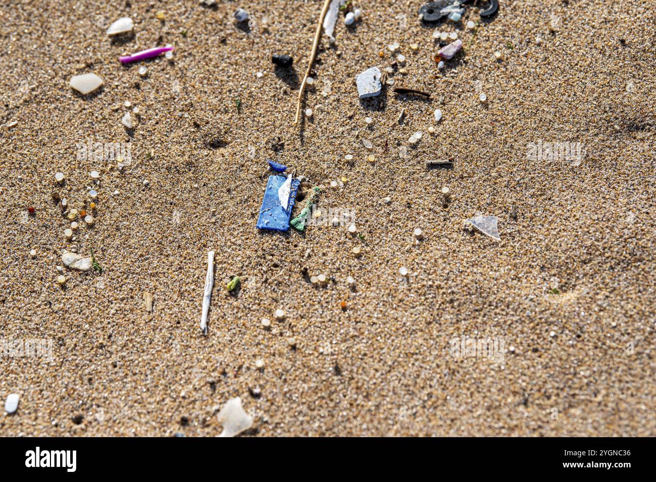 Plastic waste on the beach in Portugal, close-up of sand contaminated ...