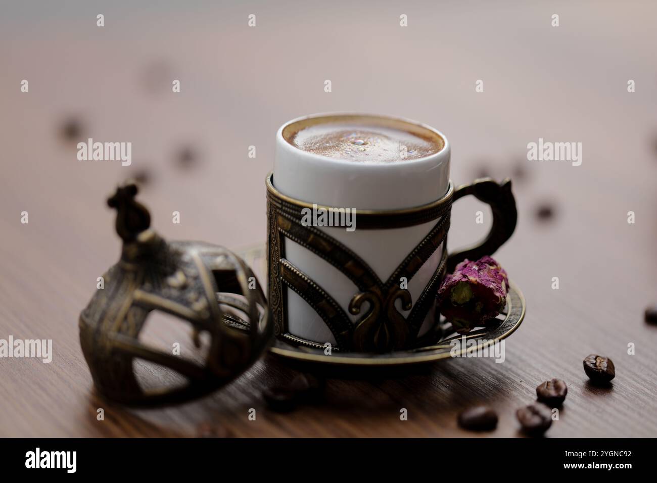 Gaziantep, Turkey. Coffey beans and traditional cups of coffee in a ...