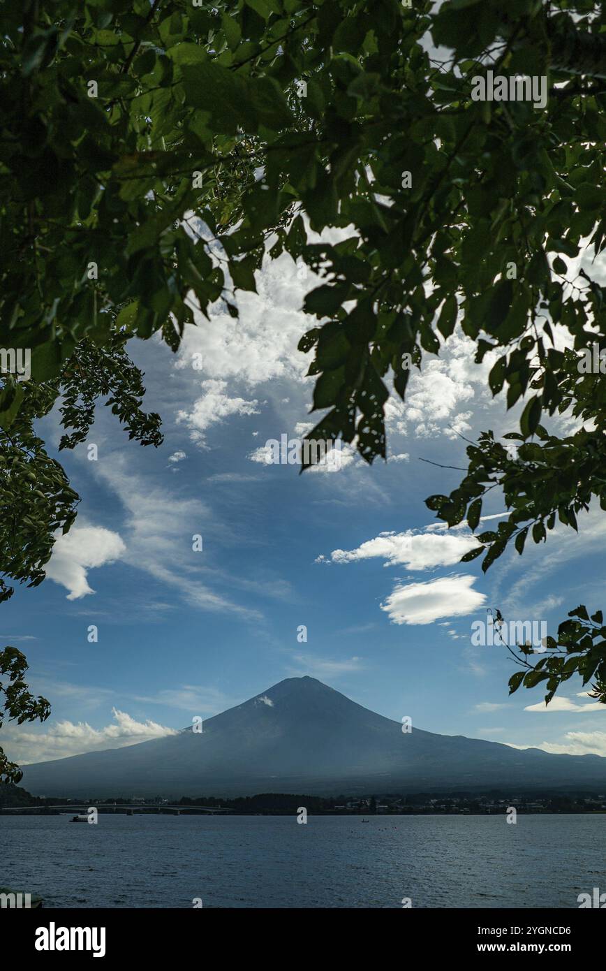 The 3776 metre high volcano Fuji with its blue sky, framed by red ...
