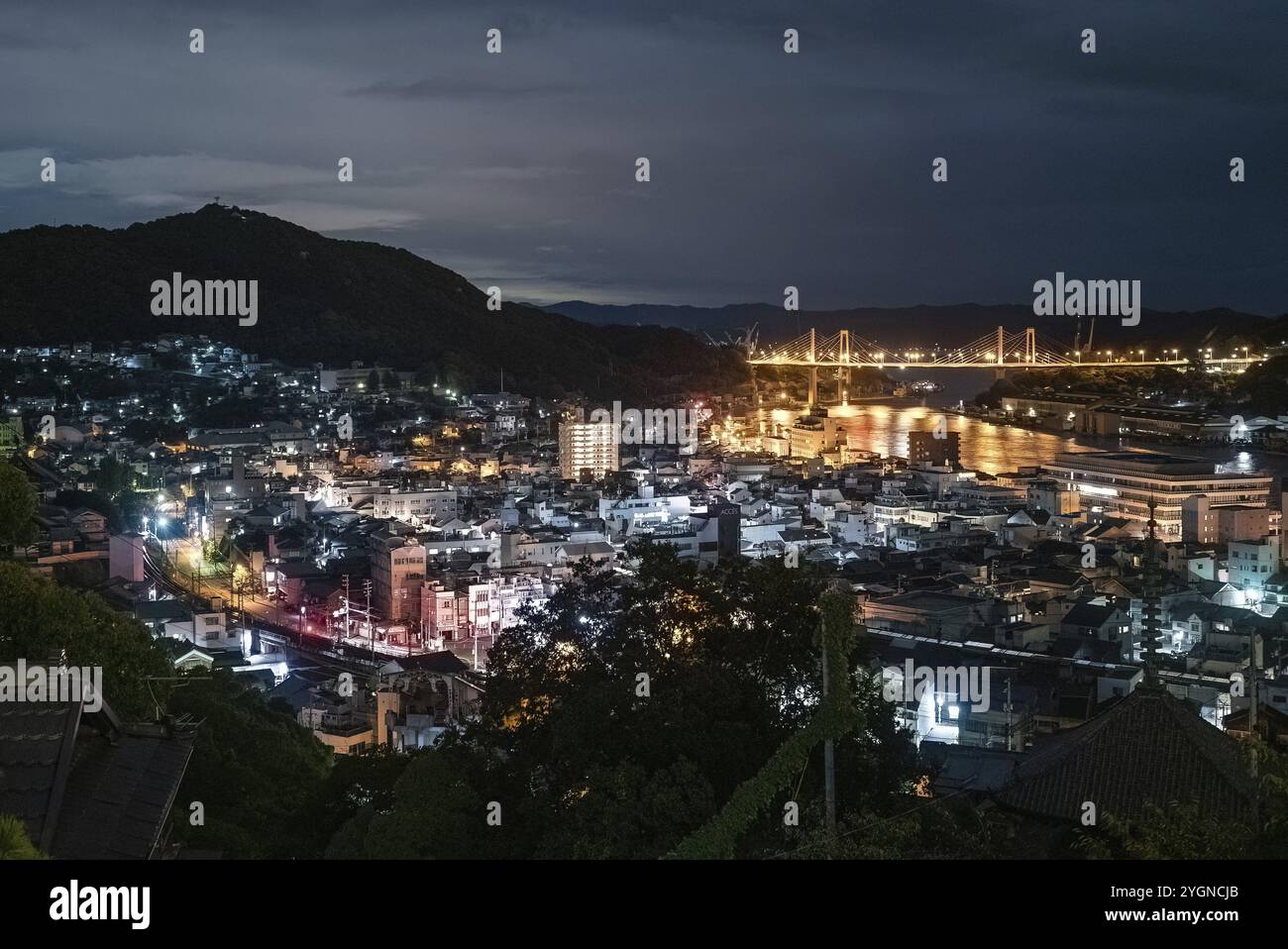 Night shot of Onomichi, a city on the Seto Inland Sea with a population ...