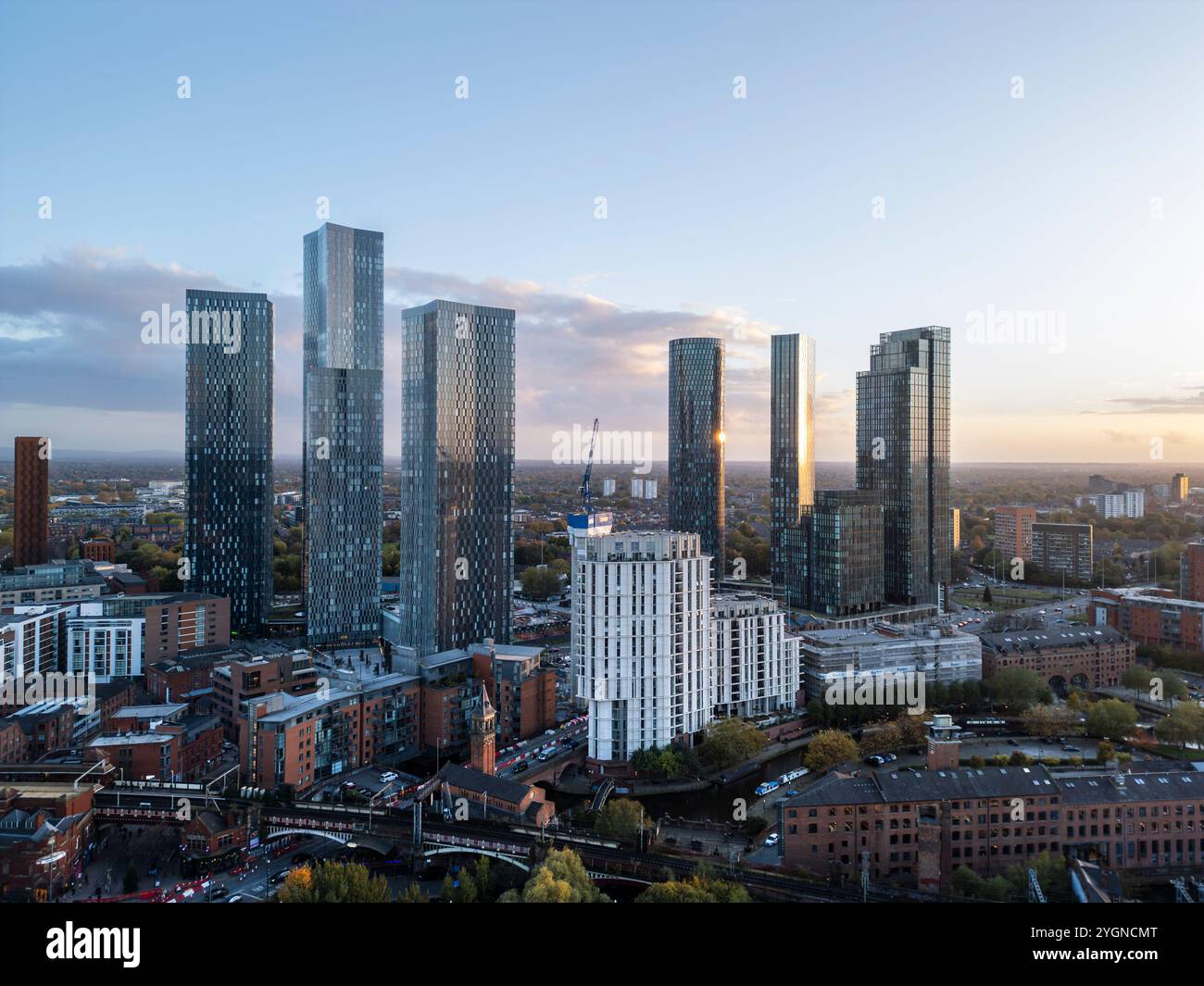 Aerial reveal view of Deansgate Towers at New Jackson district ...