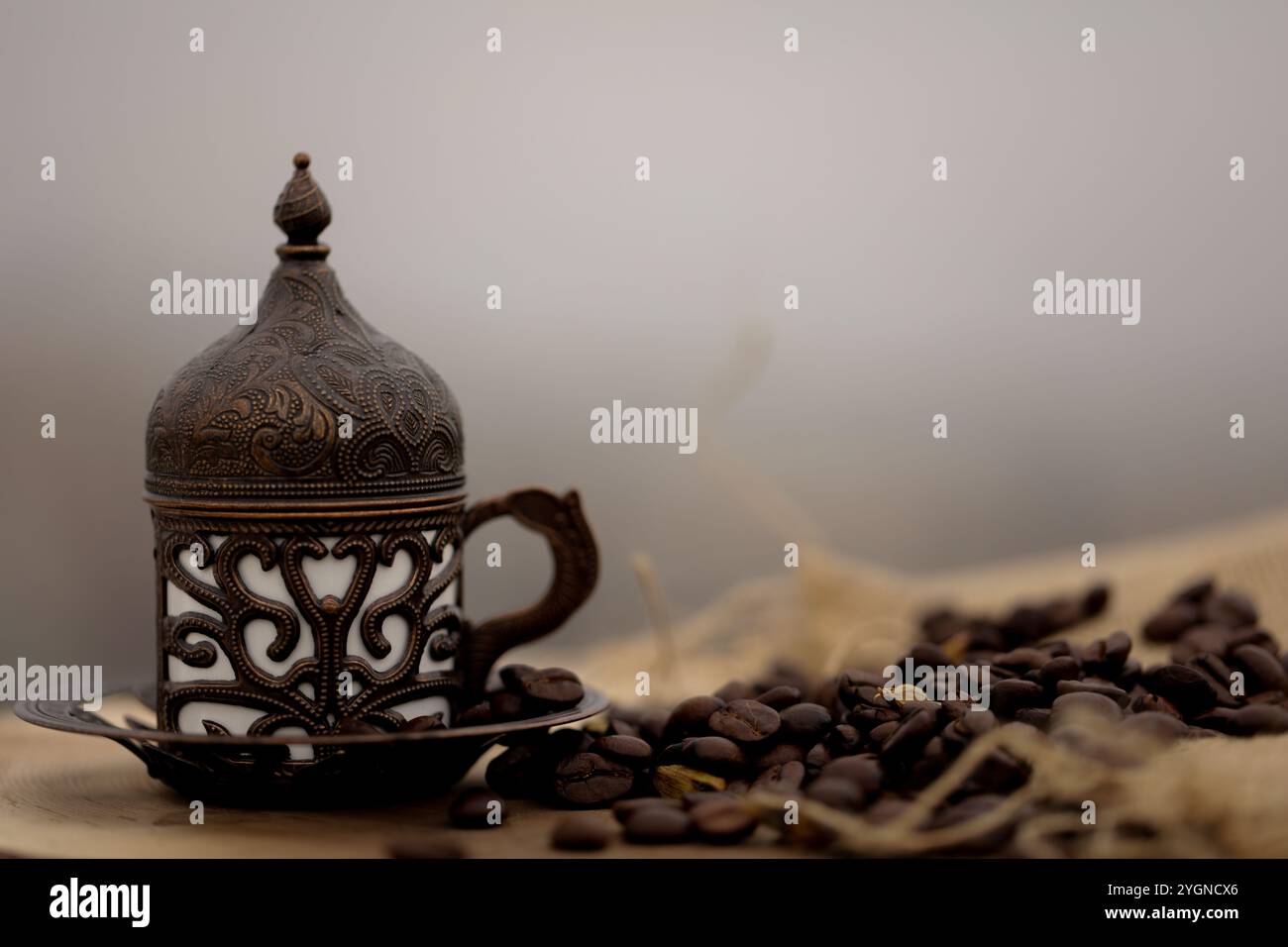 Gaziantep, Turkey. Coffey beans and traditional cups of coffee in a ...