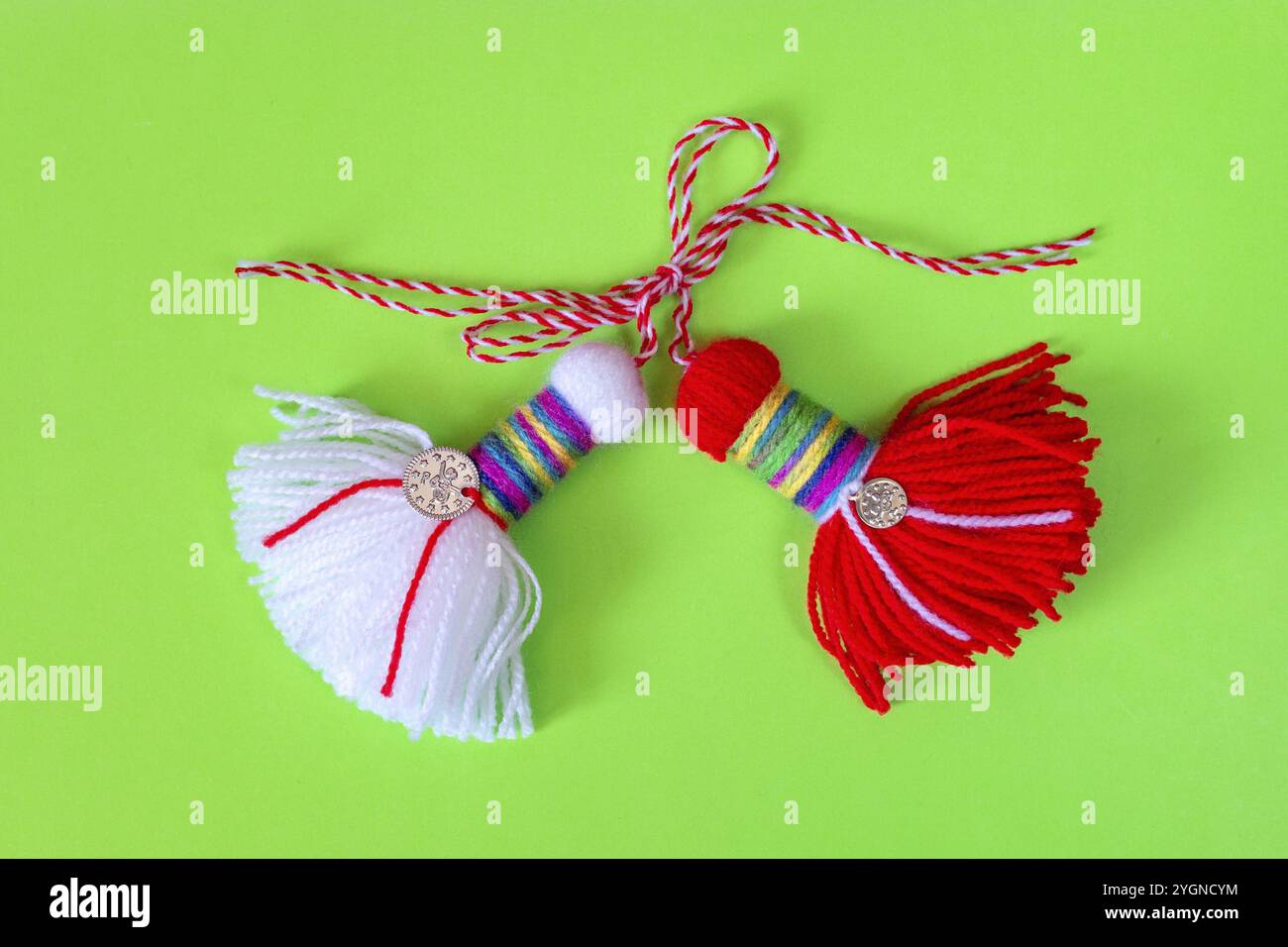Bulgarian symbol of spring white and red martenitsa on green background ...