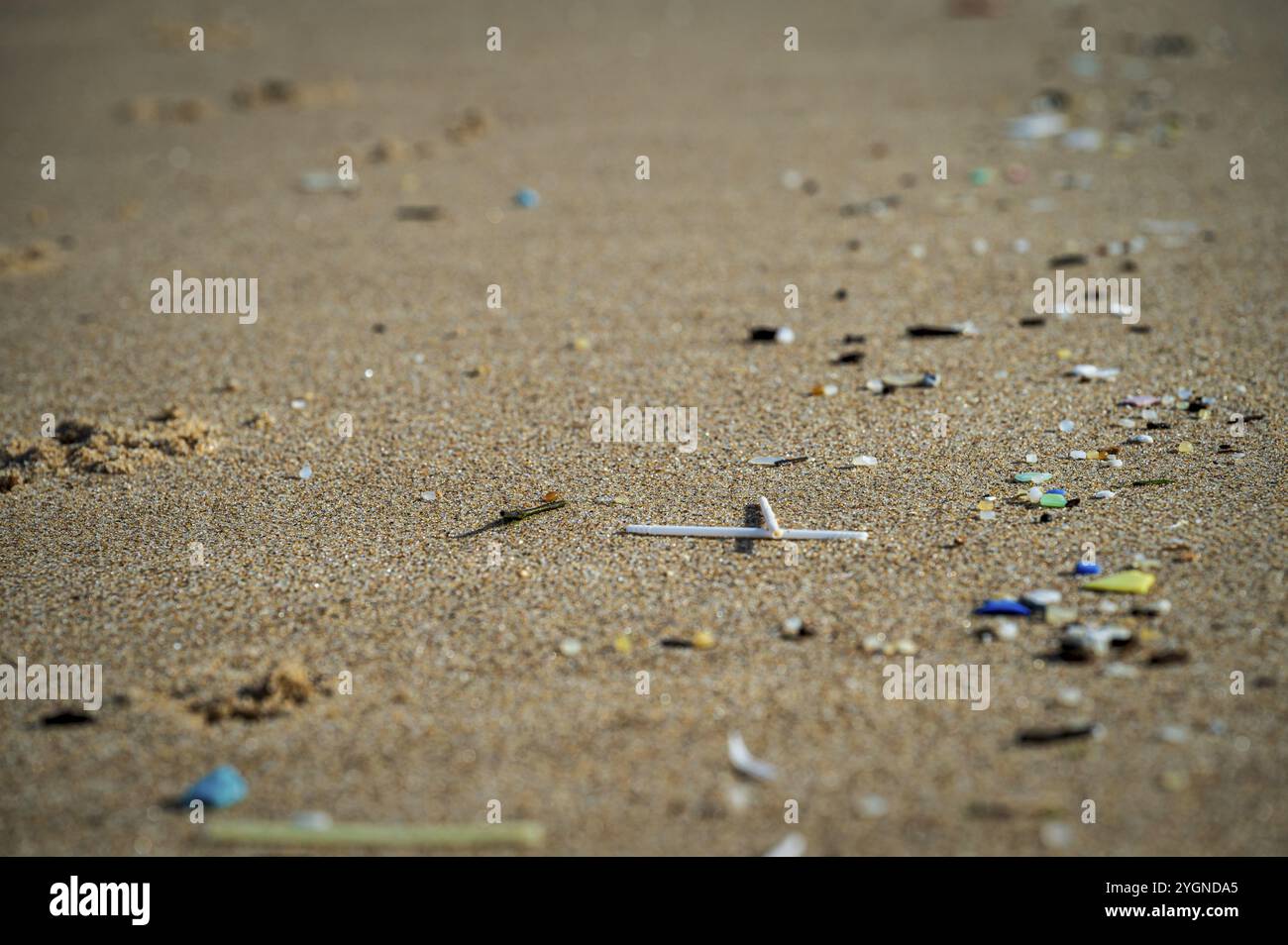 Plastic waste on the beach in Portugal, sandy area with scattered ...