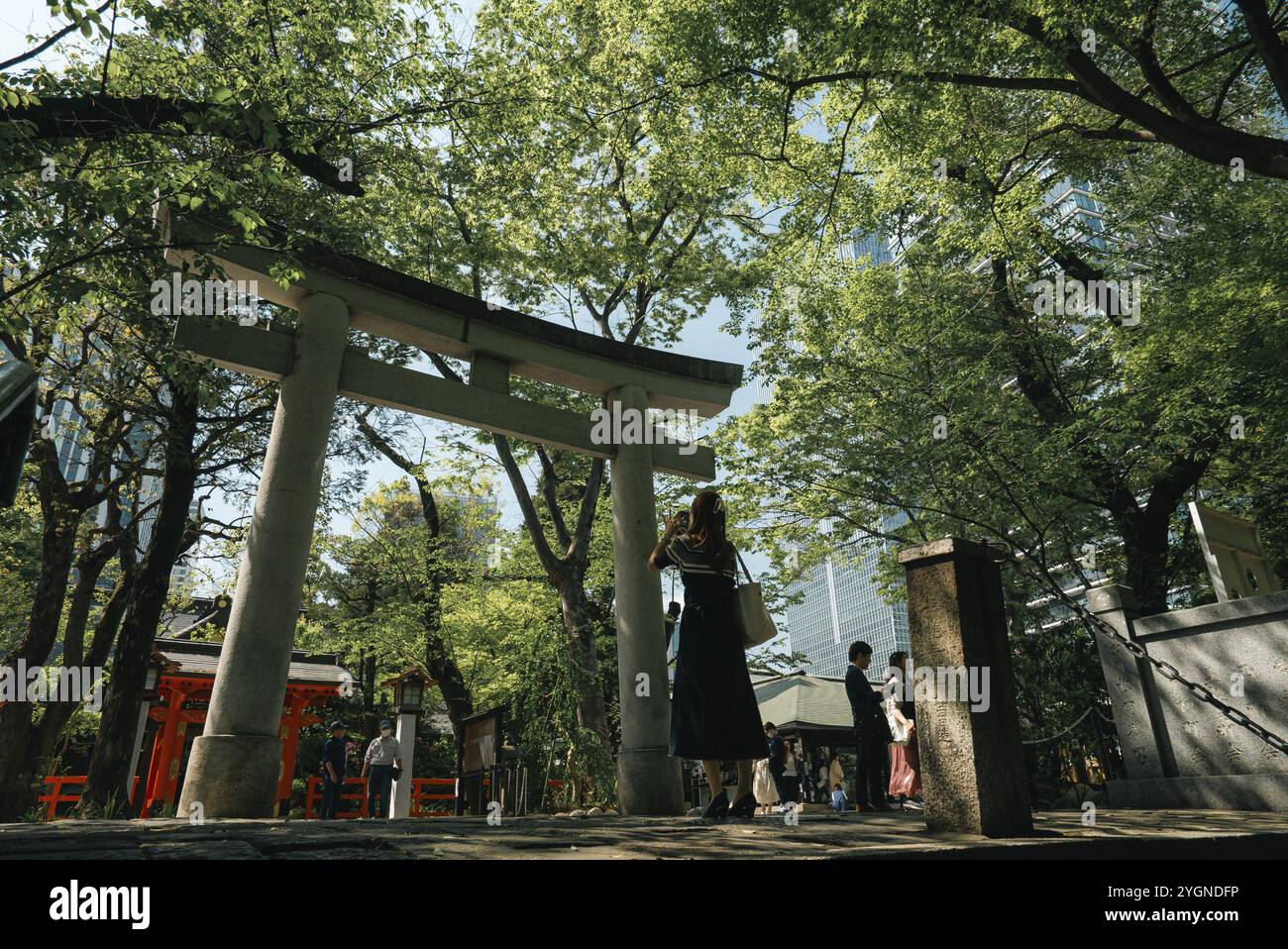 A woman takes a photo of the Atago Shinto shrine in Tokyo Stock Photo ...
