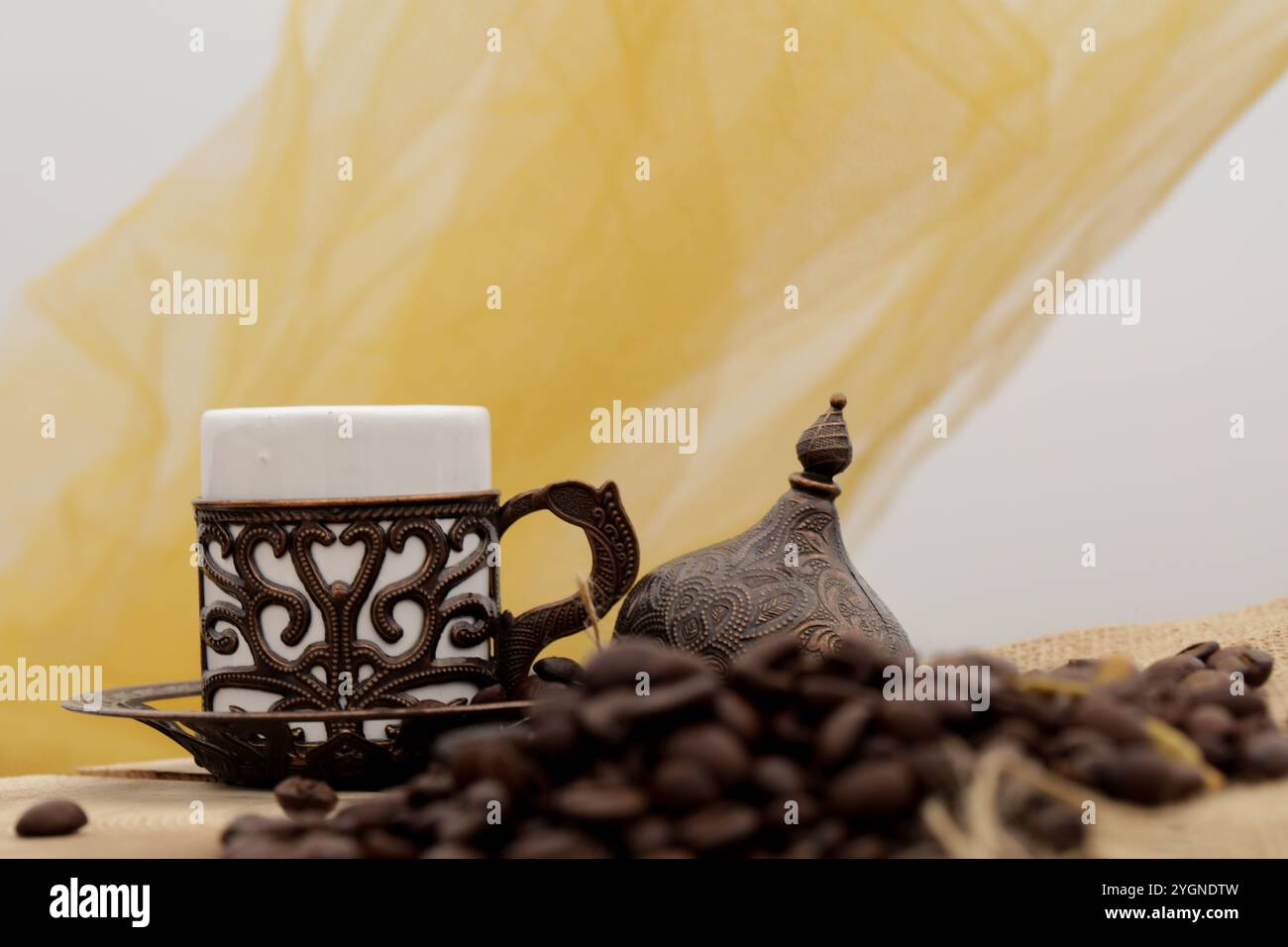 Gaziantep, Turkey. Coffey beans and traditional cups of coffee in a ...