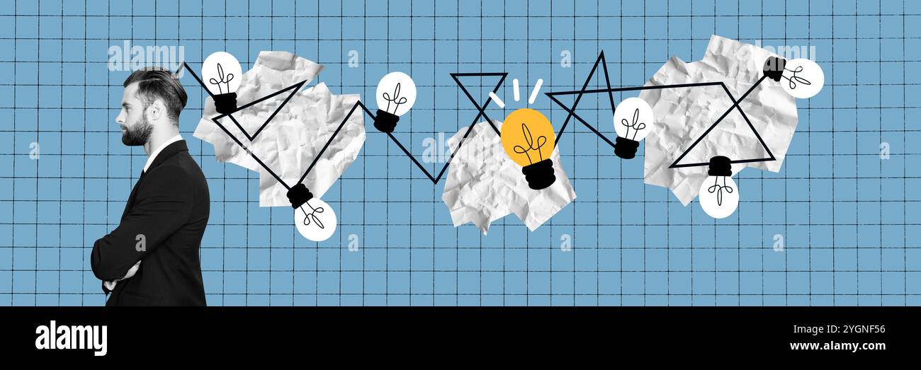 Composite panoramic collage of serious businessman crossed hands light ...