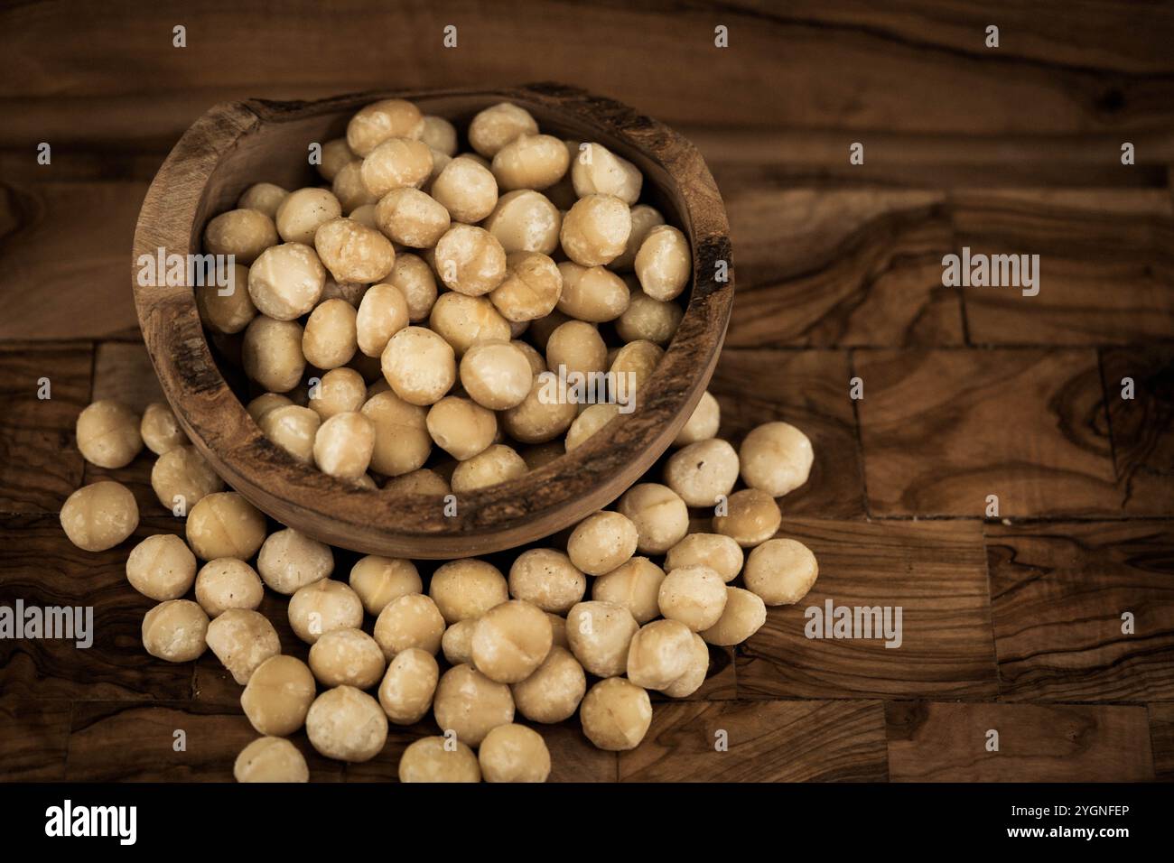 Macadamia nuts Macadamia tetraphylla on olive wood Stock Photo - Alamy