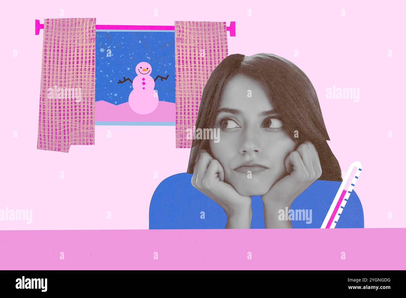 Creative drawing image picture collage of upset sad girl sitting home ...