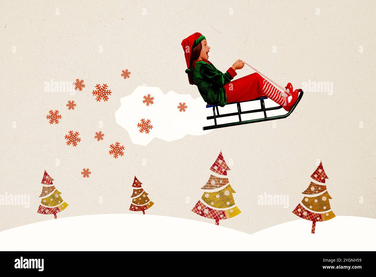 Creative template collage of little girl elf flying magic sledge ...