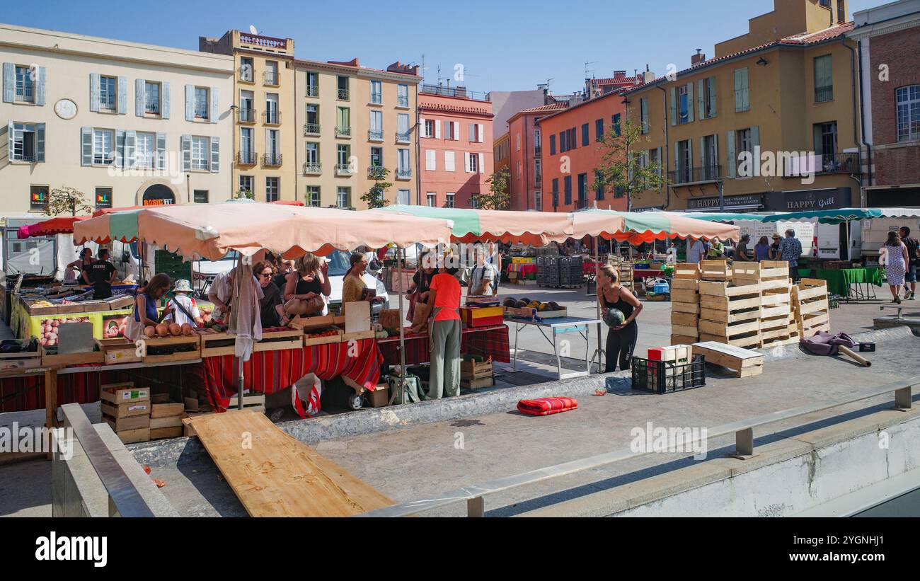 Perpignan, France - 27 Aug, 2024: Farmers market in the Place de la ...