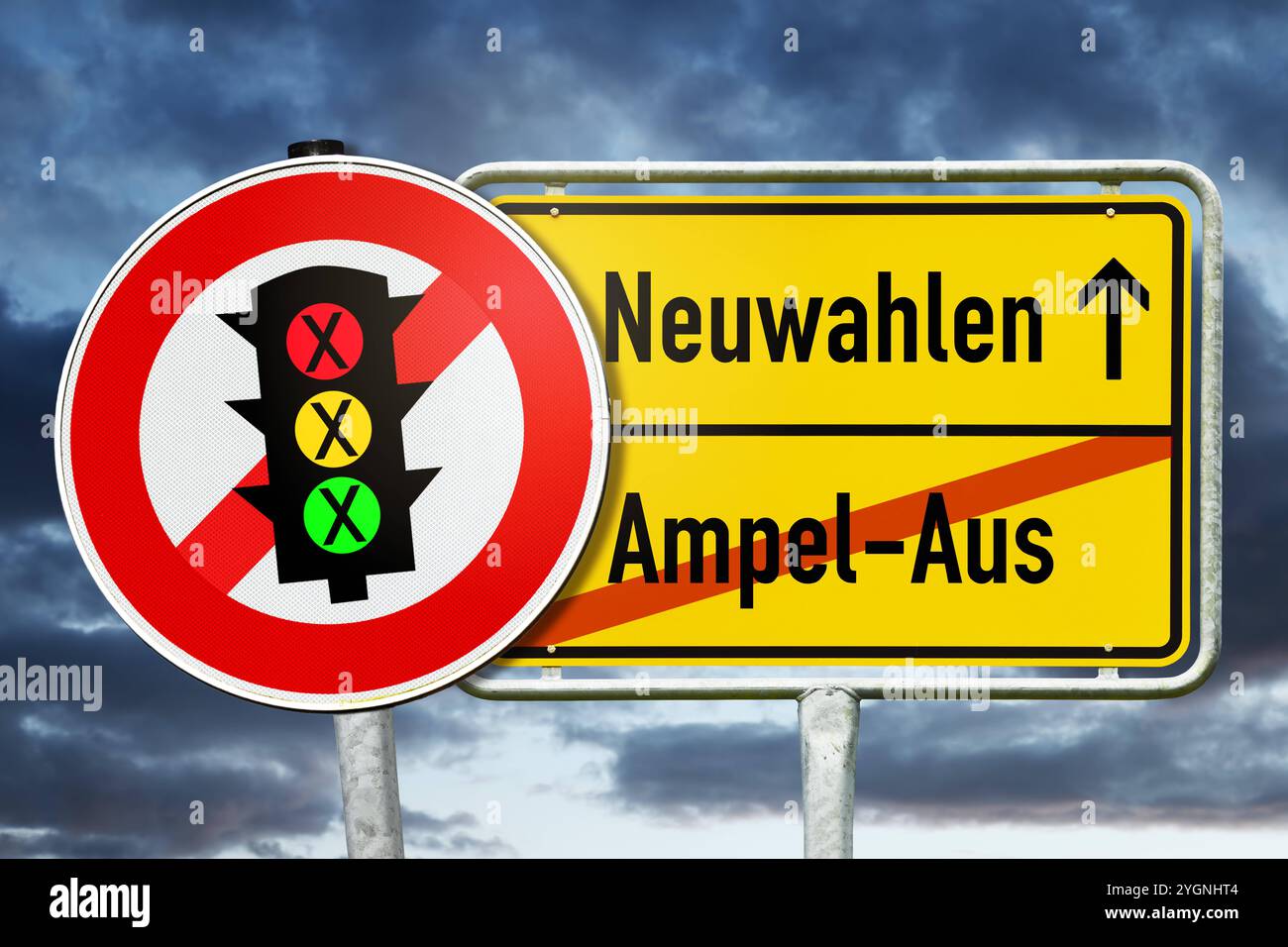 FOTOMONTAGE, Schild mit Aufschrift Ampel-Aus und Neuwahlen und Schild ...