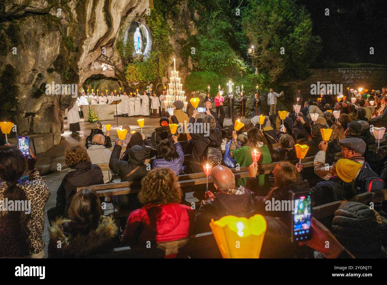 Lourdes, France - 1 Nov, 2024: Pilgrims attend a mass service at the ...
