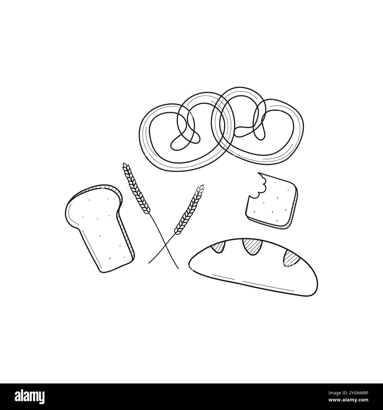 Bagel, sliced loaves of bread in doodle style. Hand drawn bakery vector ...