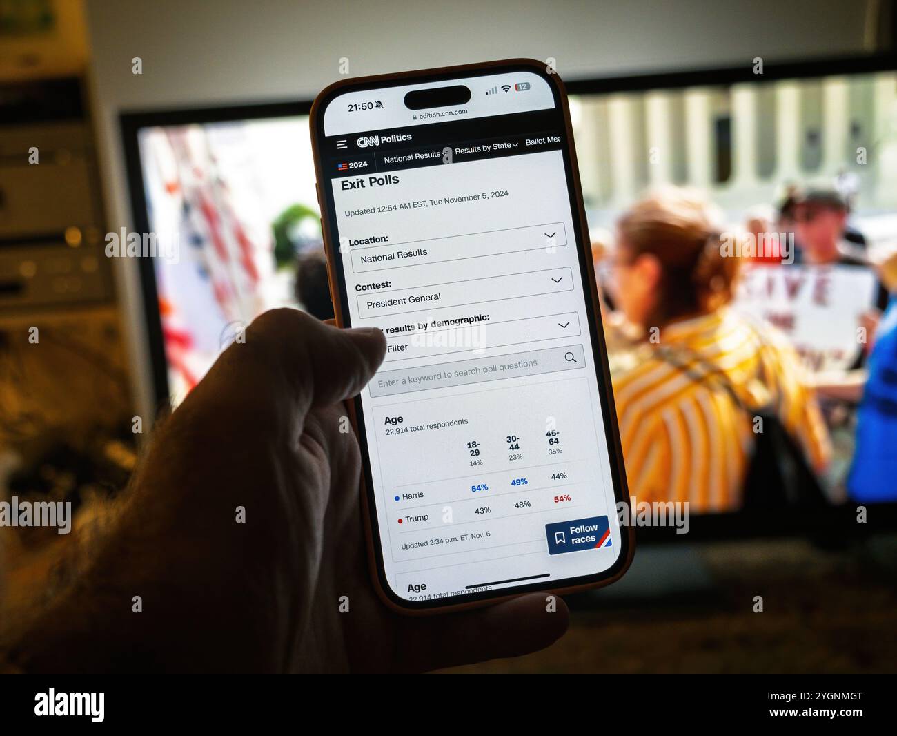 Paris, France - Nov 6, 2024: A smartphone shows CNN exit poll results from the 2024 U.S ...