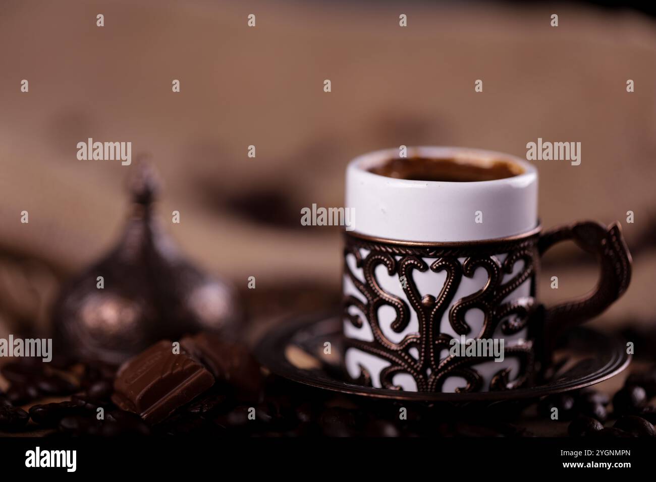 Gaziantep, Turkey. Coffey beans and traditional cups of coffee in a ...