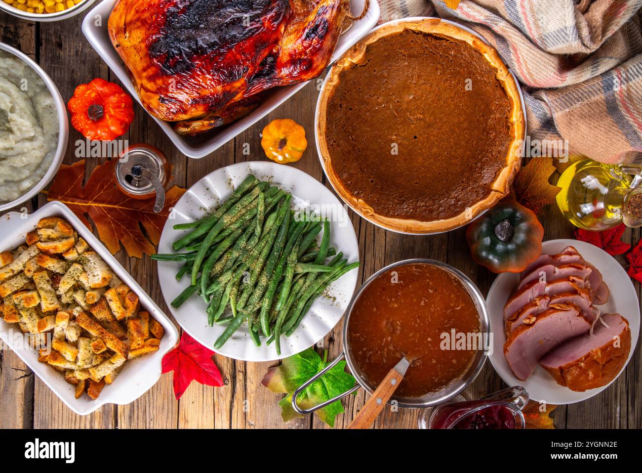Thanksgiving dinner or lunch foods table. Assortment set of various ...