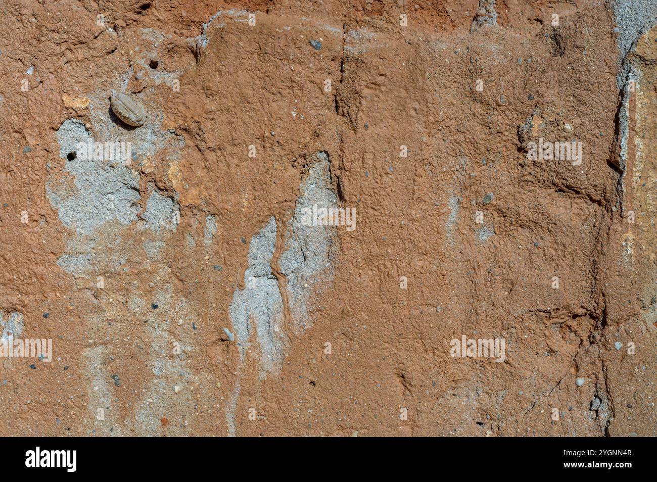 old brick wall plastered with clay sand and lime, washed by the rain ...