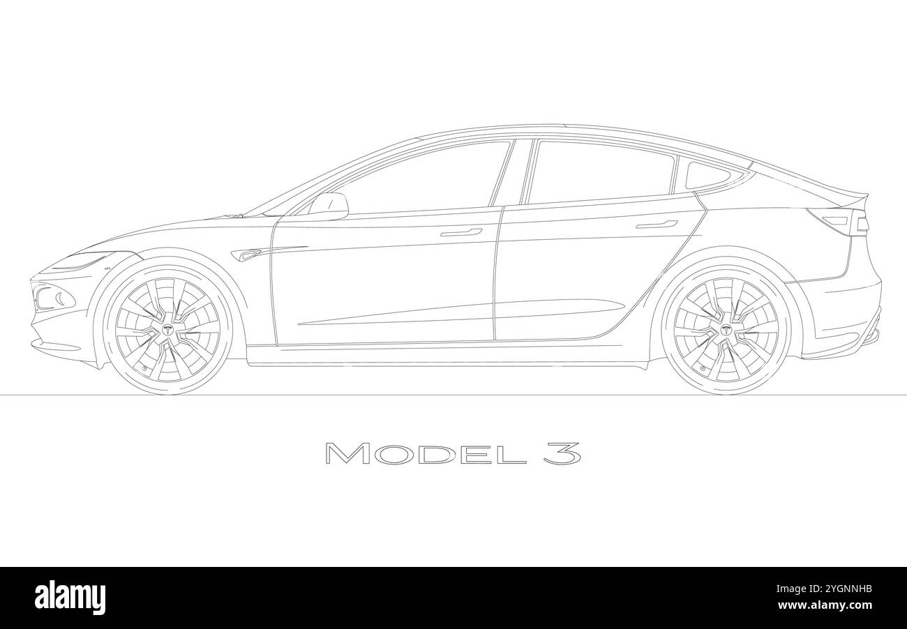 USA, year 2017, Tesla electric car Model 3 silhouette, outline drawings ...