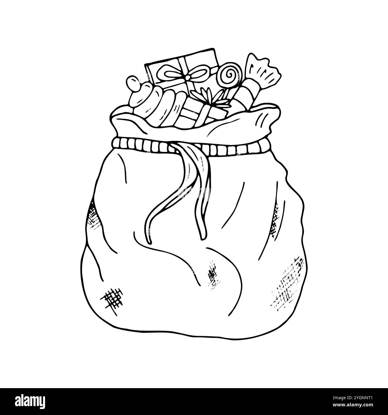 Hand-drawn Christmas gift bag, black outline, line drawing for coloring ...