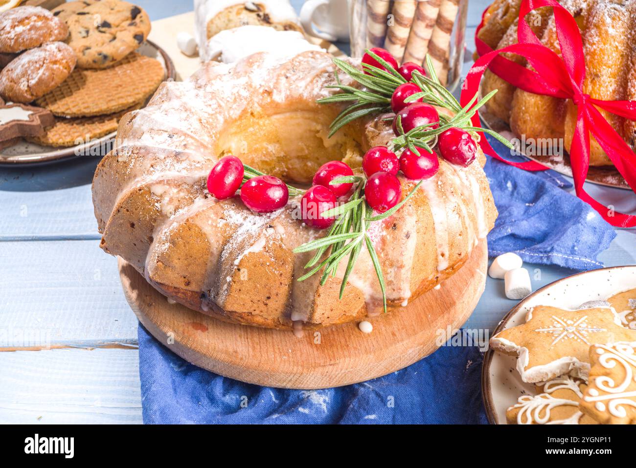 Homemade Christmas pastries, sweet cheesecake pie with powdered sugar ...