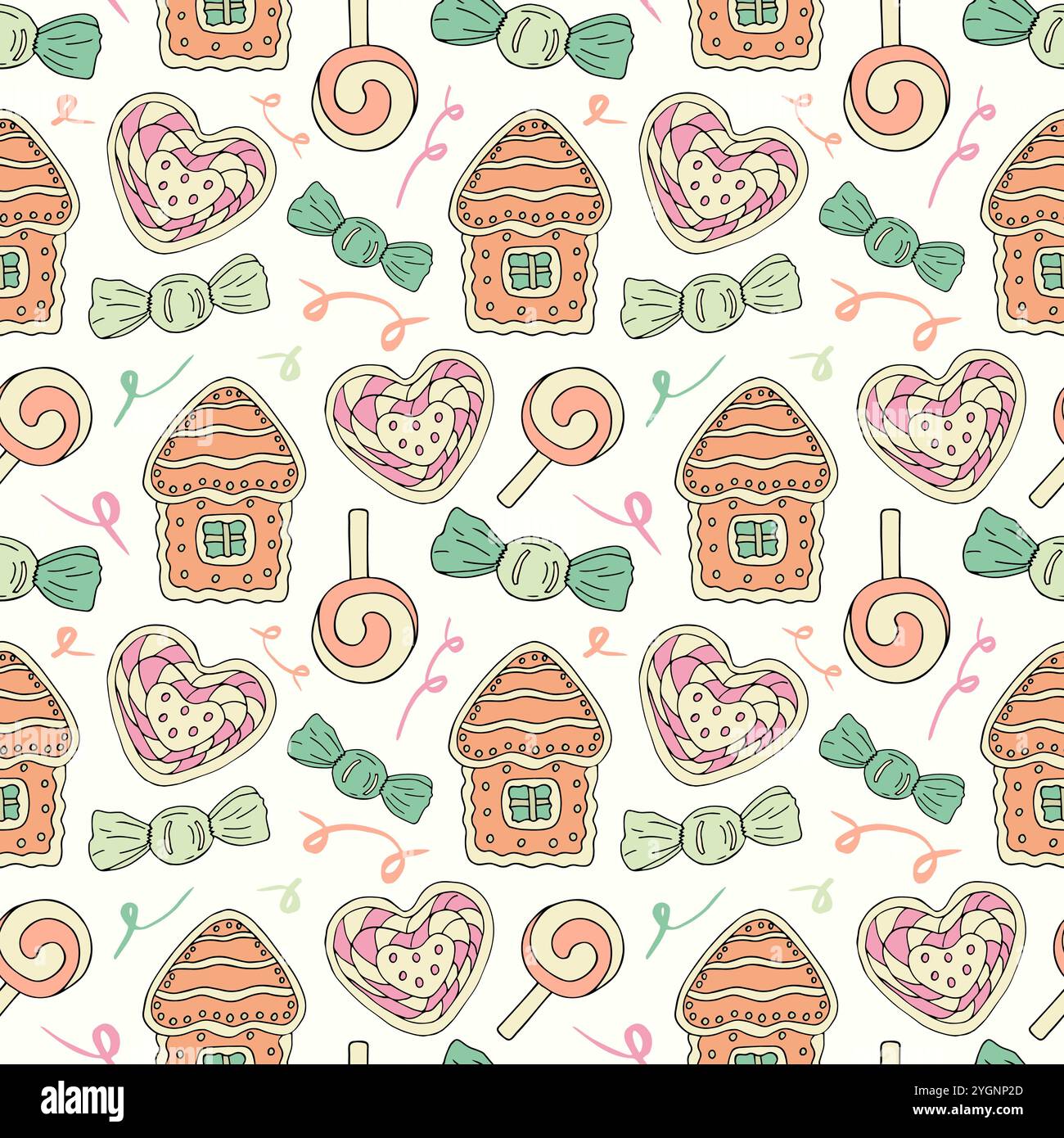 Colorful candies, gingerbread houses, festive seamless pattern ...